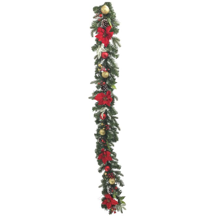 183cm (72 INCH) MIXED CHRISTMAS GARLAND WITH POINSETTIAS RED/GOLD ...